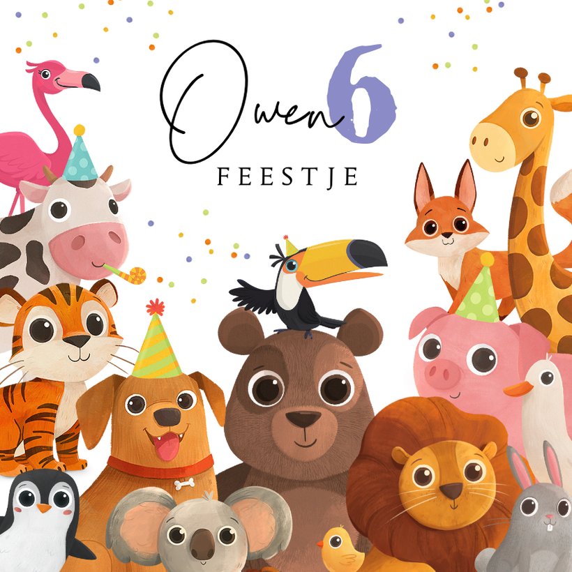 Kinderfeestje beestenboel dieren confetti feest | Kaartje2go