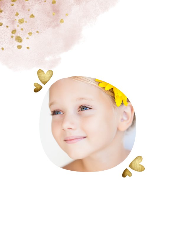 Kinderfeestje roze met foto, gouden hartjes en | Kaartje2go