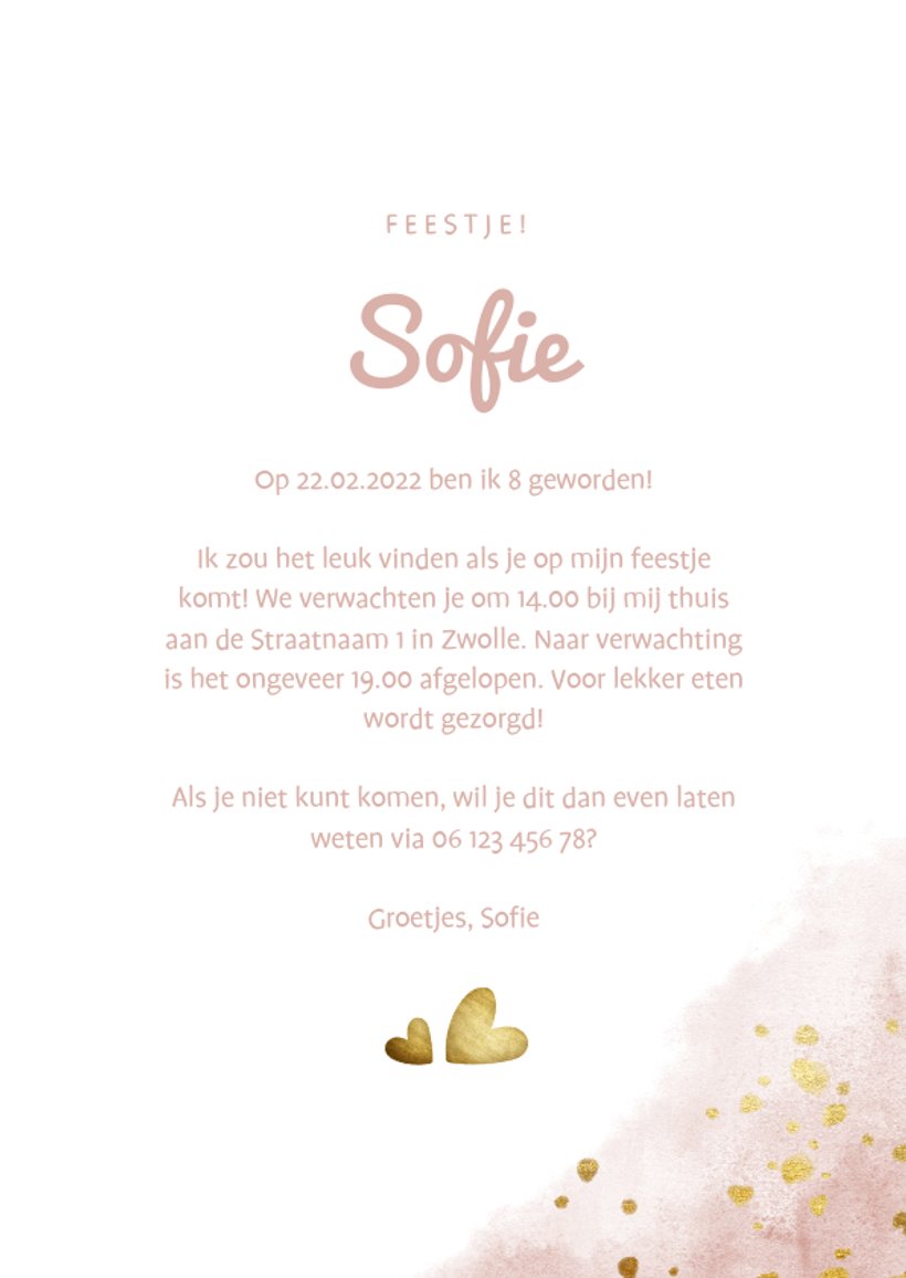 Kinderfeestje roze met foto, gouden hartjes en | Kaartje2go