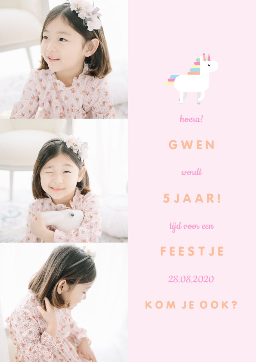 Kinderfeestje uitnodiging unicorn met 3 foto's | Kaartje2go