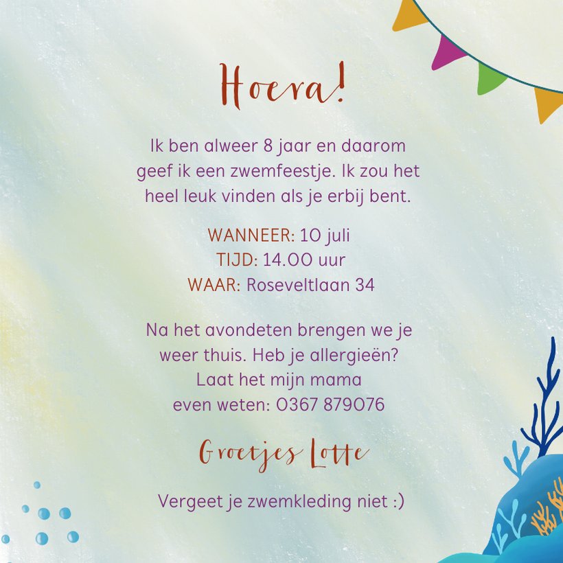 Kinderfeestje uitnodiging zeemeermin zwemfeest | Kaartje2go