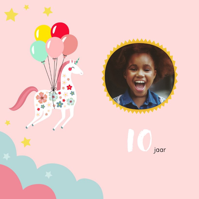 Kinderfeestje unicorn met bloemen en ballonnen | Kaartje2go