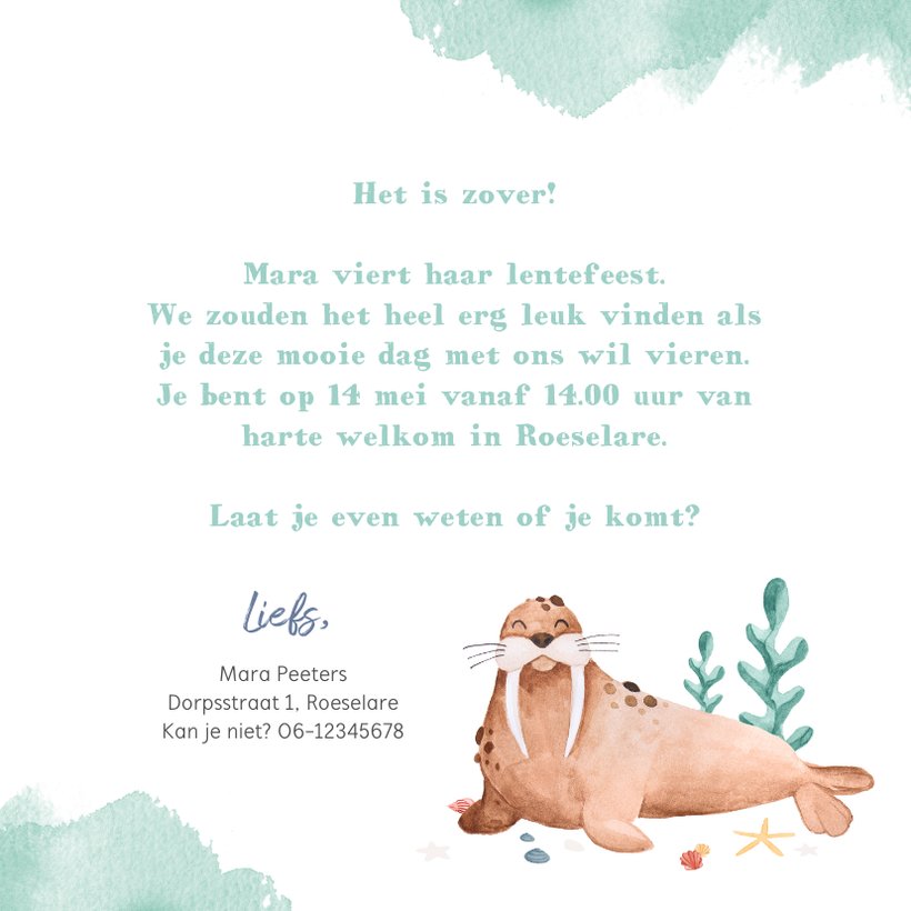 Lentefeest uitnodiging dieren walrus pinguïn | Kaartje2go