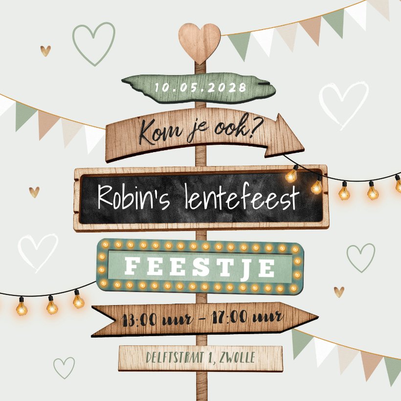 Lentefeest uitnodiging wegwijzers hout slingers | Kaartje2go