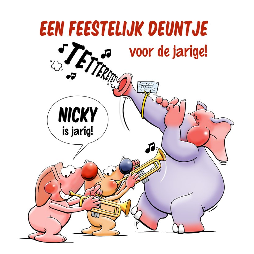 Leuke kaart met trompet, olifant en 2 muizen | Kaartje2go