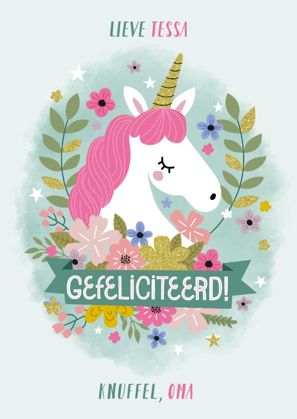 Leuke verjaardagskaart eenhoorn, bloemen en | Kaartje2go