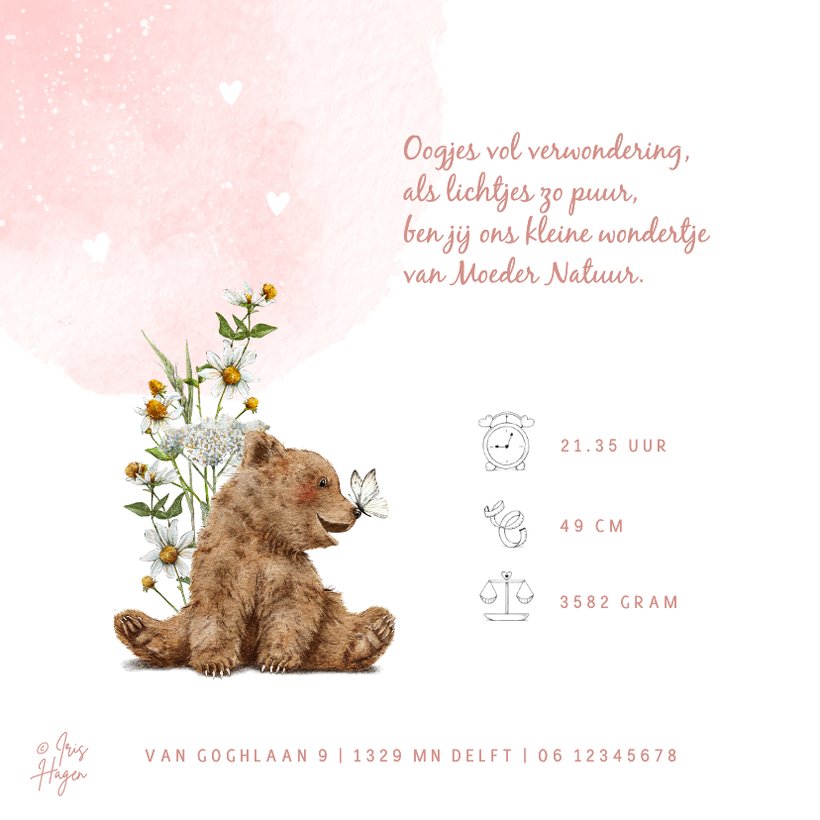 Lief geboortekaartje met beer en vlinder tussen | Kaartje2go