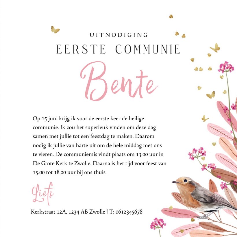 Lieve communiekaart vlindertjes goud bladertak | Kaartje2go