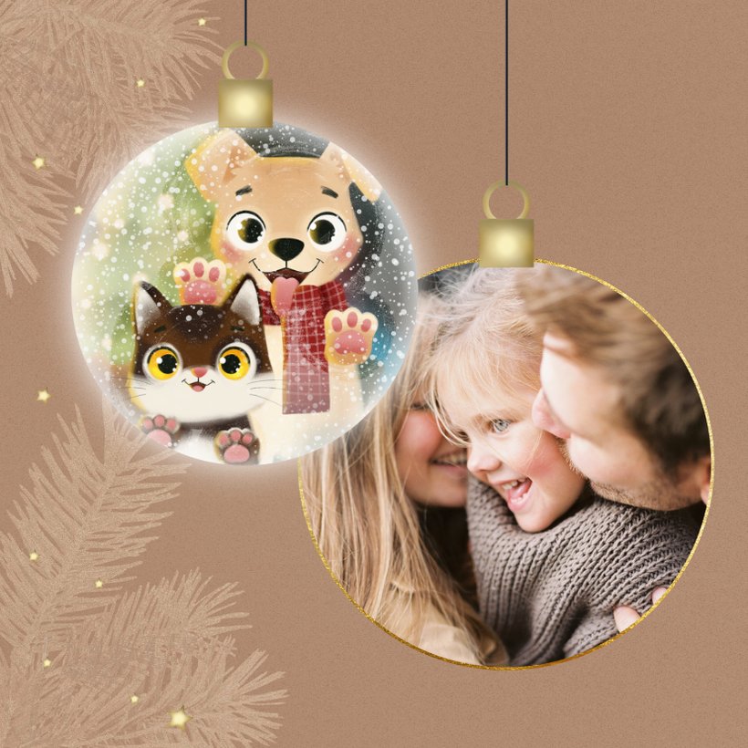 Lieve kerstkaart kerstbal dennentakken met hond | Kaartje2go