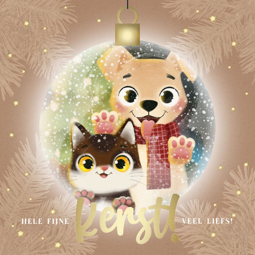 Lieve kerstkaart kerstbal dennentakken met hond | Kaartje2go