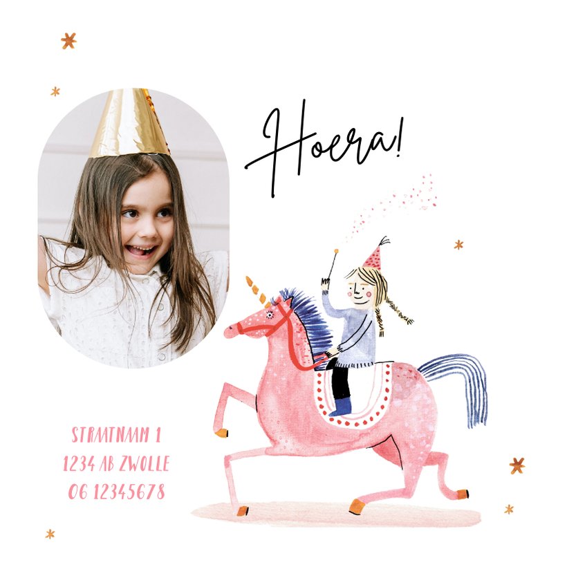 Lieve uitnodiging kinderfeestje roze unicorn | Kaartje2go