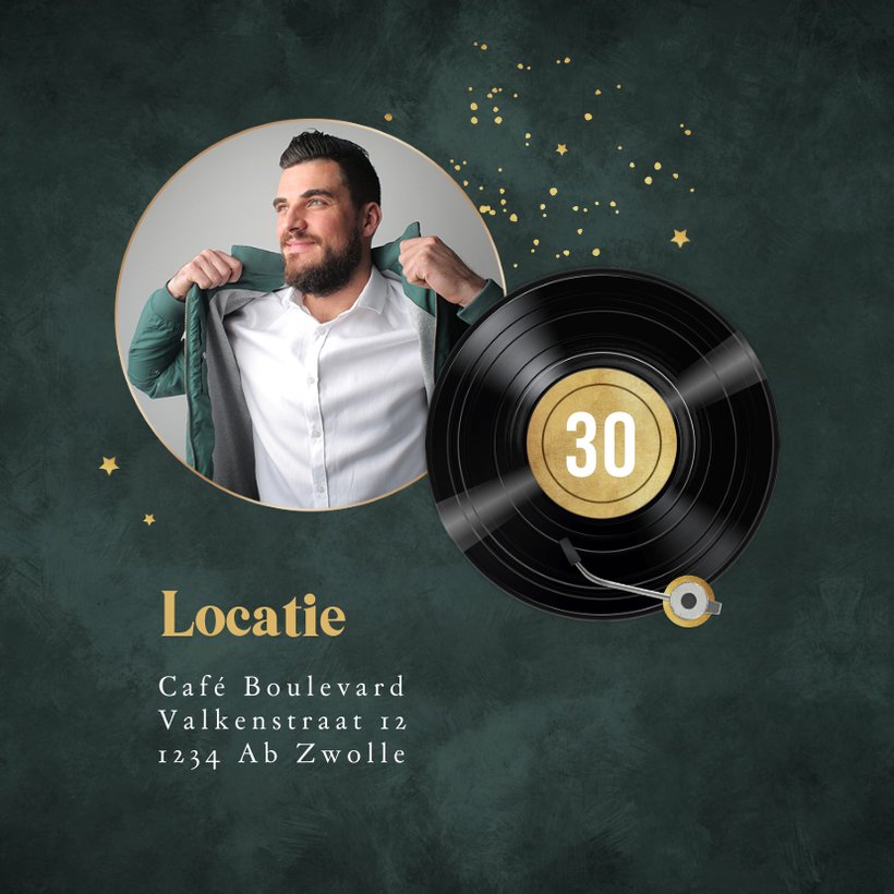 LP plaat uitnodigingskaart muziek feestje goud | Kaartje2go