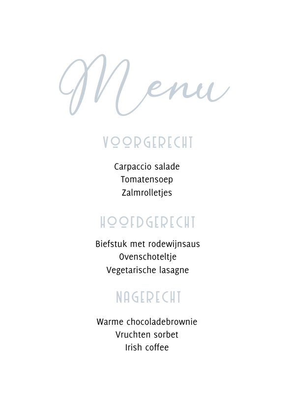 Menu trouwkaart blauw winter wedding ticket | Kaartje2go