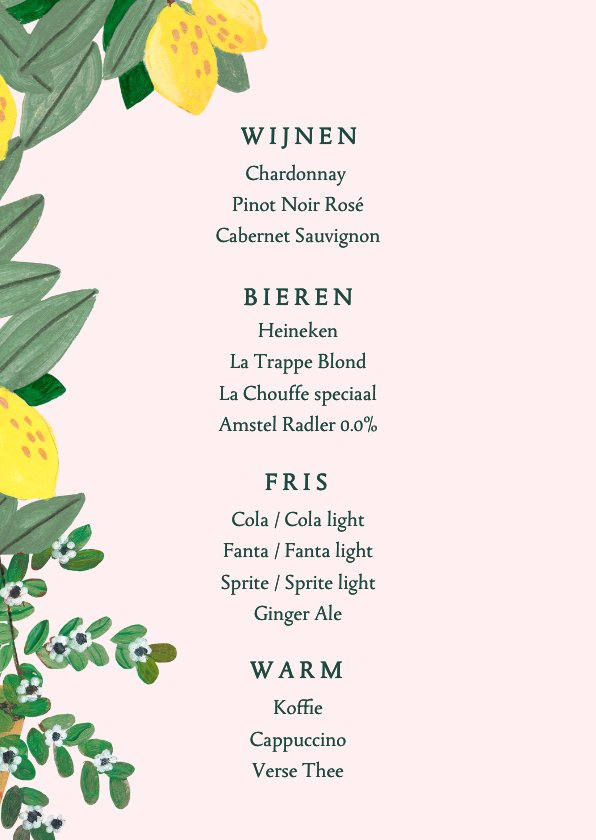 Menukaart Italiaanse bruiloft zomer | Kaartje2go