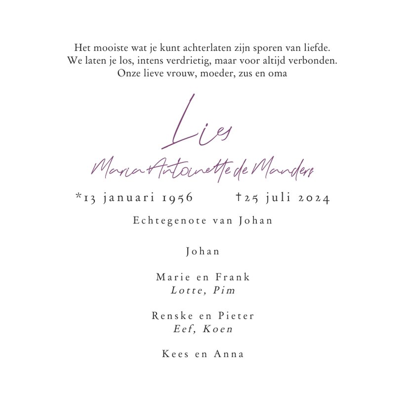 Moderne rouwkaart collage 4 foto's lavendel | Kaartje2go