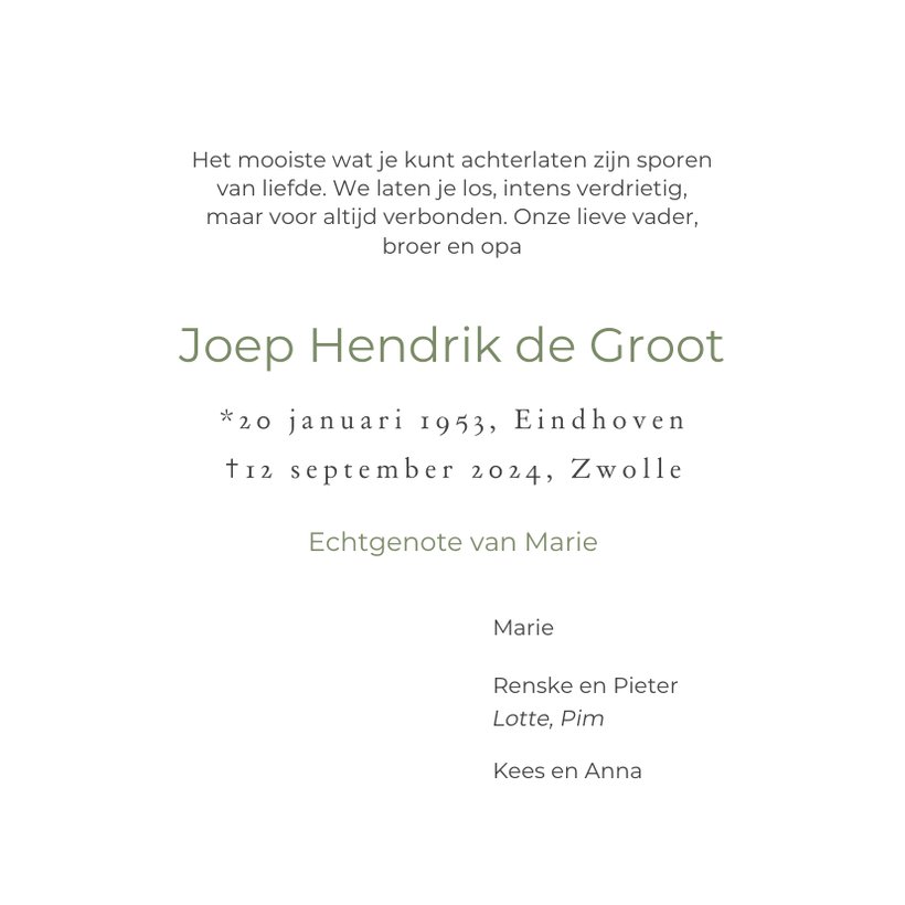 Moderne rouwkaart collage horizontaal 5 foto's | Kaartje2go