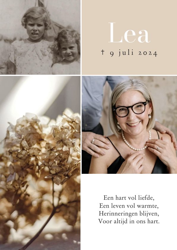 Moderne rouwkaart rechthoek 3 foto’s hortensia | Kaartje2go