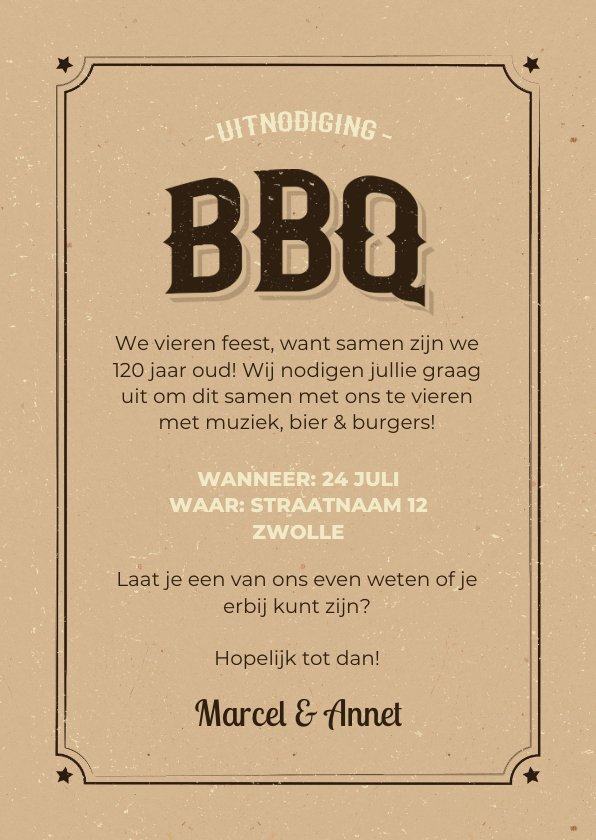 Moderne uitnodiging BBQ feestje kraft vintage | Kaartje2go