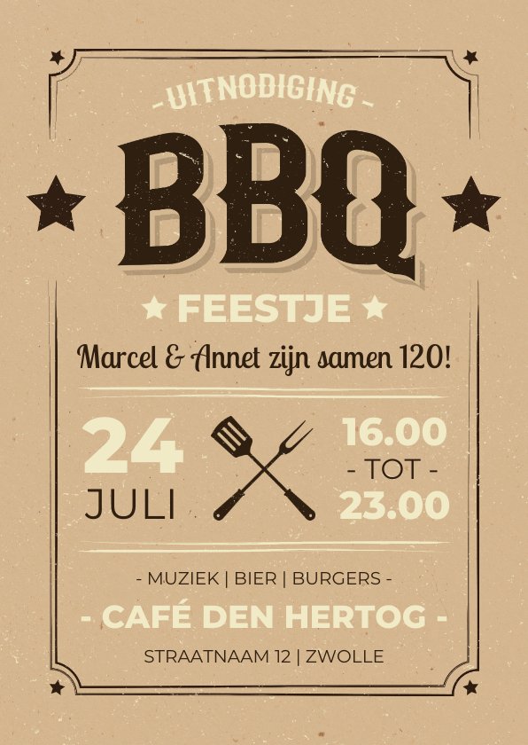Moderne uitnodiging BBQ feestje kraft vintage | Kaartje2go