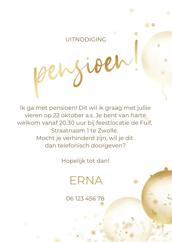 Moderne uitnodiging pensioen met foto en gouden | Kaartje2go