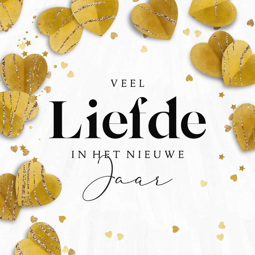 Nieuwjaarskaart liefdevol hartjes confetti goud | Kaartje2go