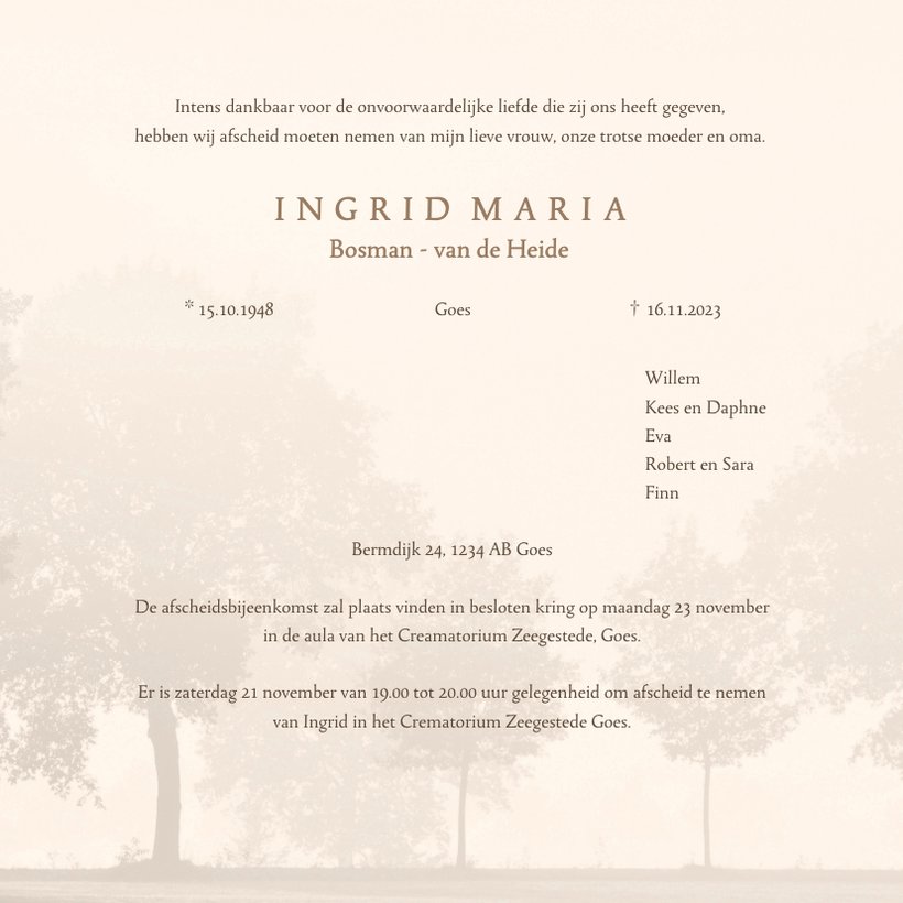 Rouwkaart landschap bomen en schapen | Kaartje2go