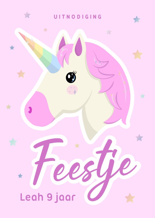 Roze kinderfeestje uitnodiging met eenhoorn en | Kaartje2go