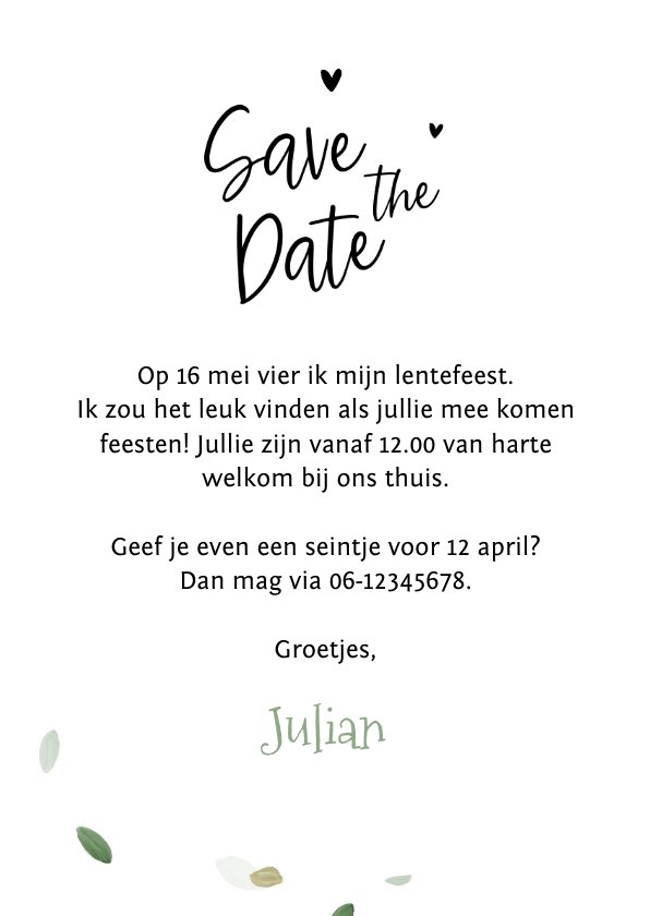 Save te date lentefeest eco blaadjes stijlvol | Kaartje2go