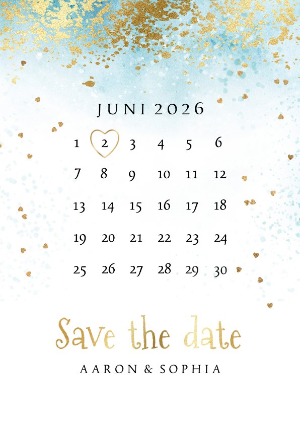 Save the date kaart watercolour kalender goud | Kaartje2go