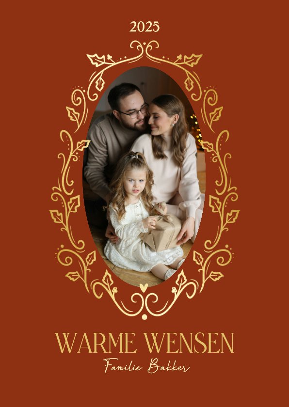 Sierlijk kerst- fotokaartje rood gouden kader | Kaartje2go