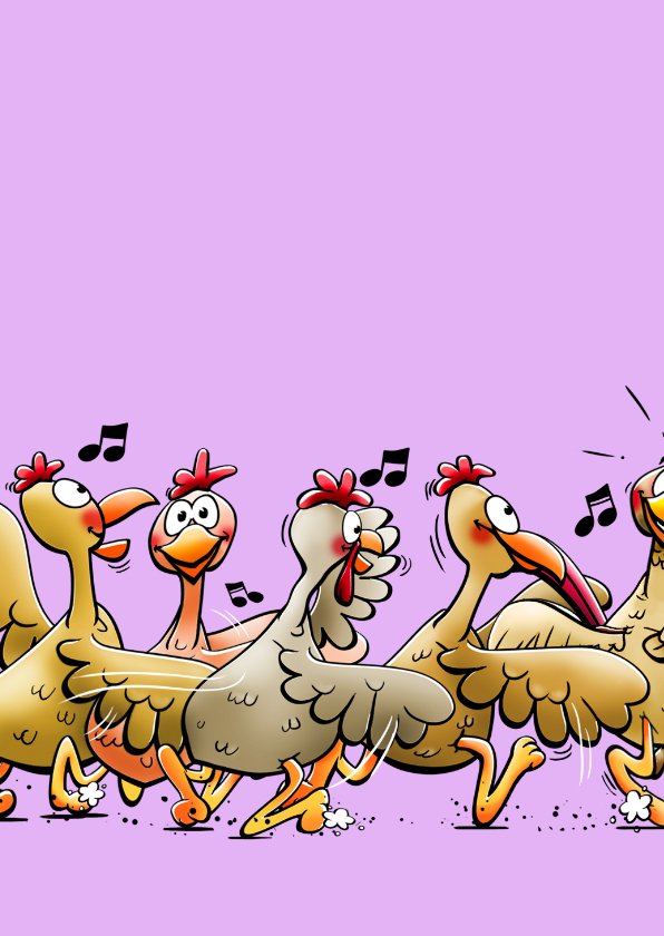 Stapelgekke verjaardagskaart met 4 kippen en 2 | Kaartje2go