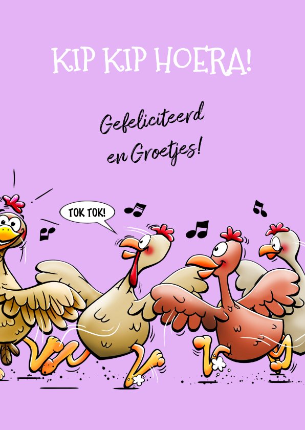 Stapelgekke verjaardagskaart met 4 kippen en 2 | Kaartje2go