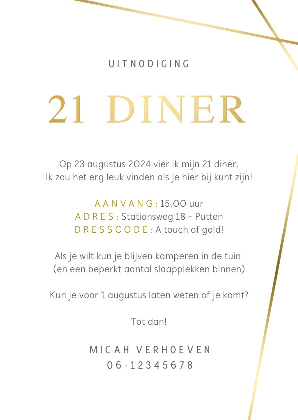 Stijlvolle 21 diner uitnodiging met goudfolie | Kaartje2go