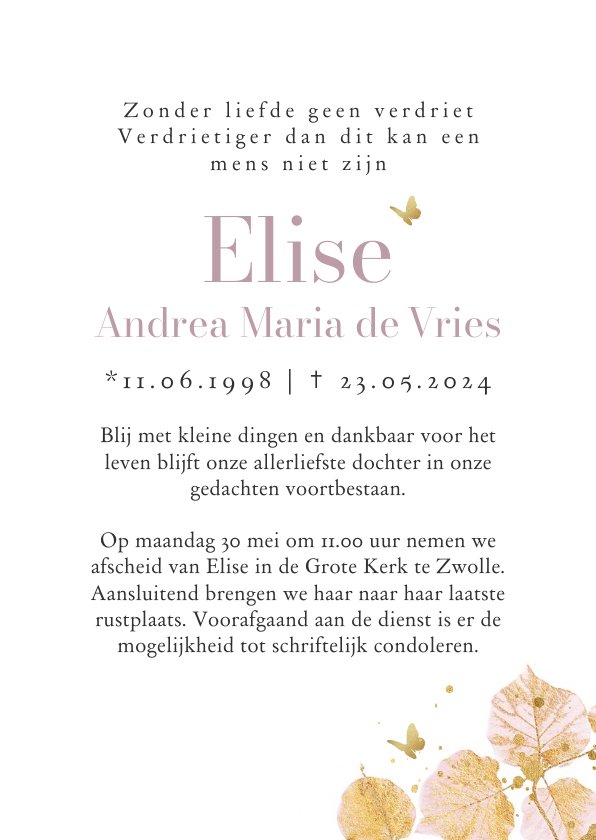 Stijlvolle rouwkaart botanisch roze goud | Kaartje2go