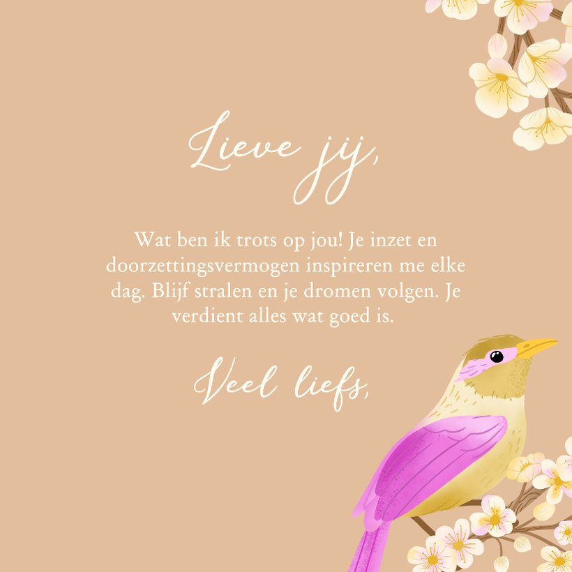 Stijlvolle wenskaart trots op jou met vogel | Kaartje2go