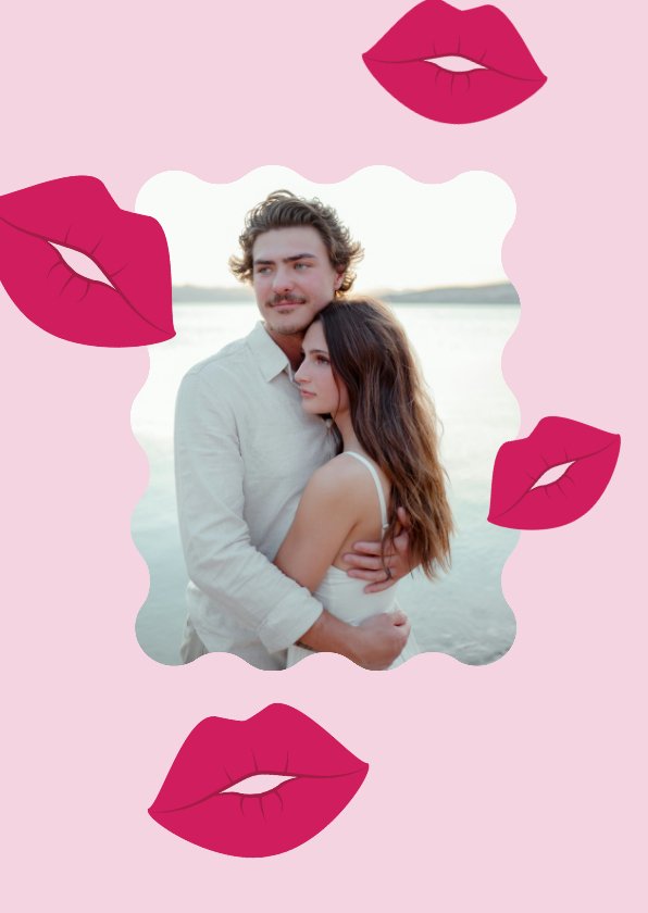 Trendy roze fotokaartje met rode kusjes kader | Kaartje2go