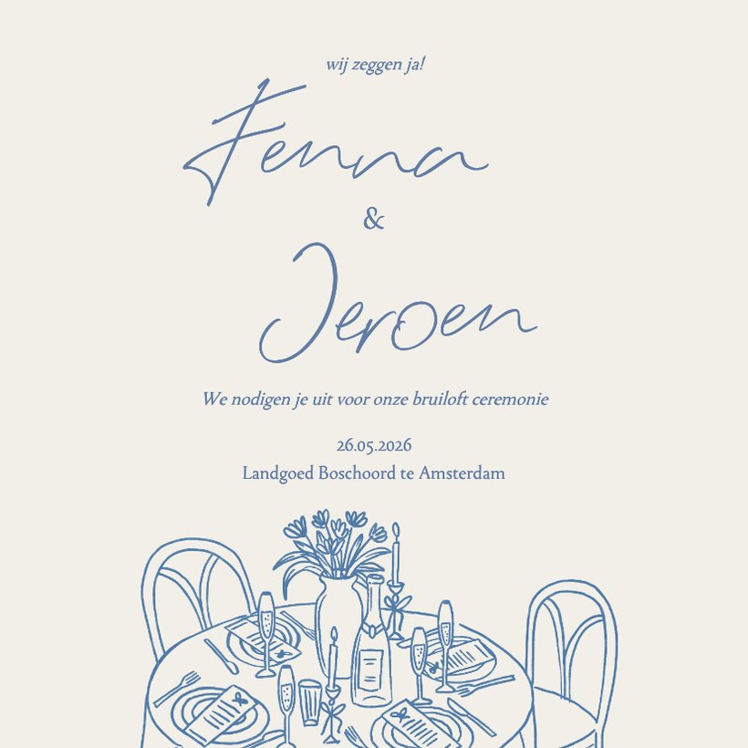 Trouwkaart doodle tekening gedekte tafel diner | Kaartje2go
