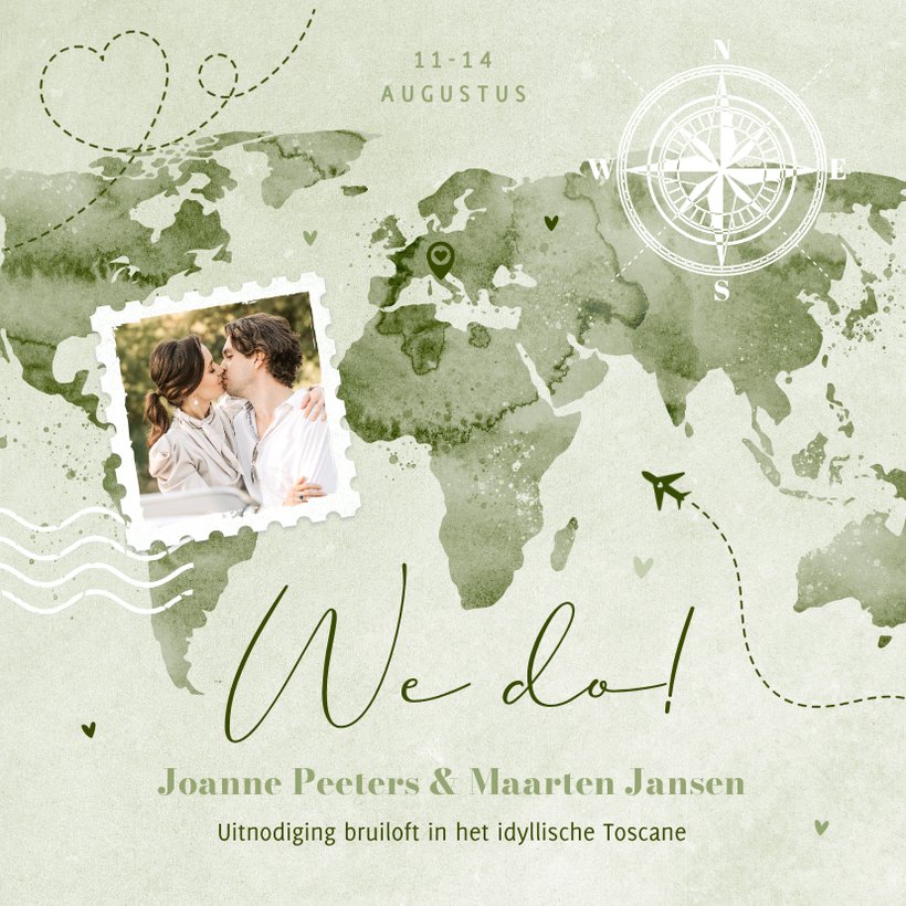 Trouwkaart paspoort wereldkaart liefde groen | Kaartje2go