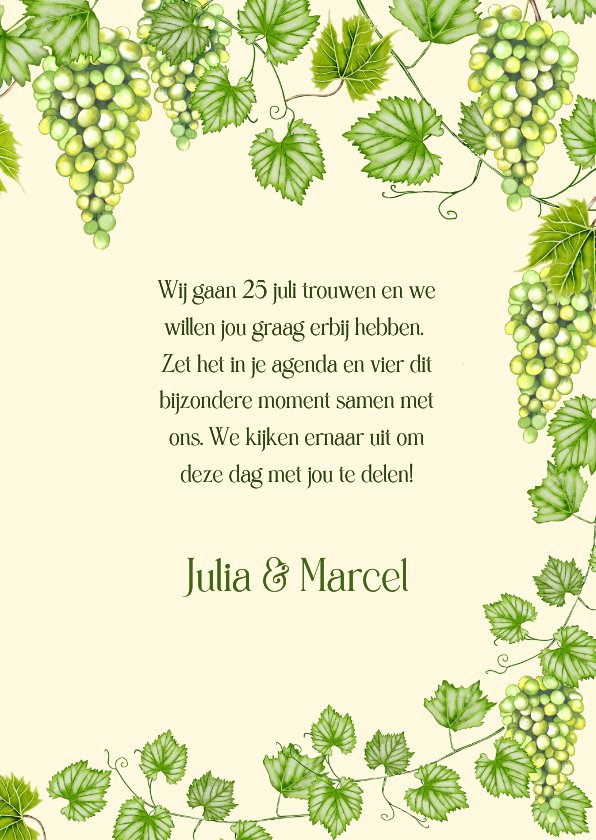 Trouwkaart save the date met groene druiven | Kaartje2go