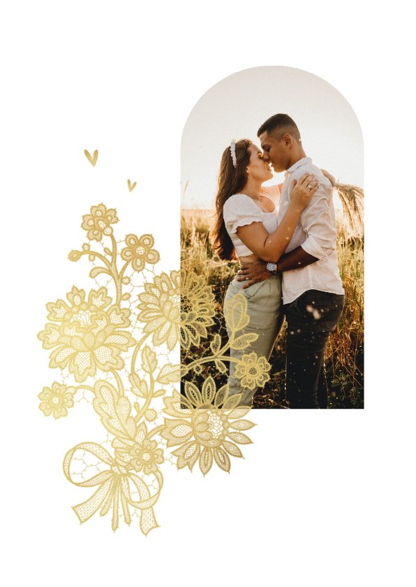 Trouwkaart save the date vintage kant goud | Kaartje2go