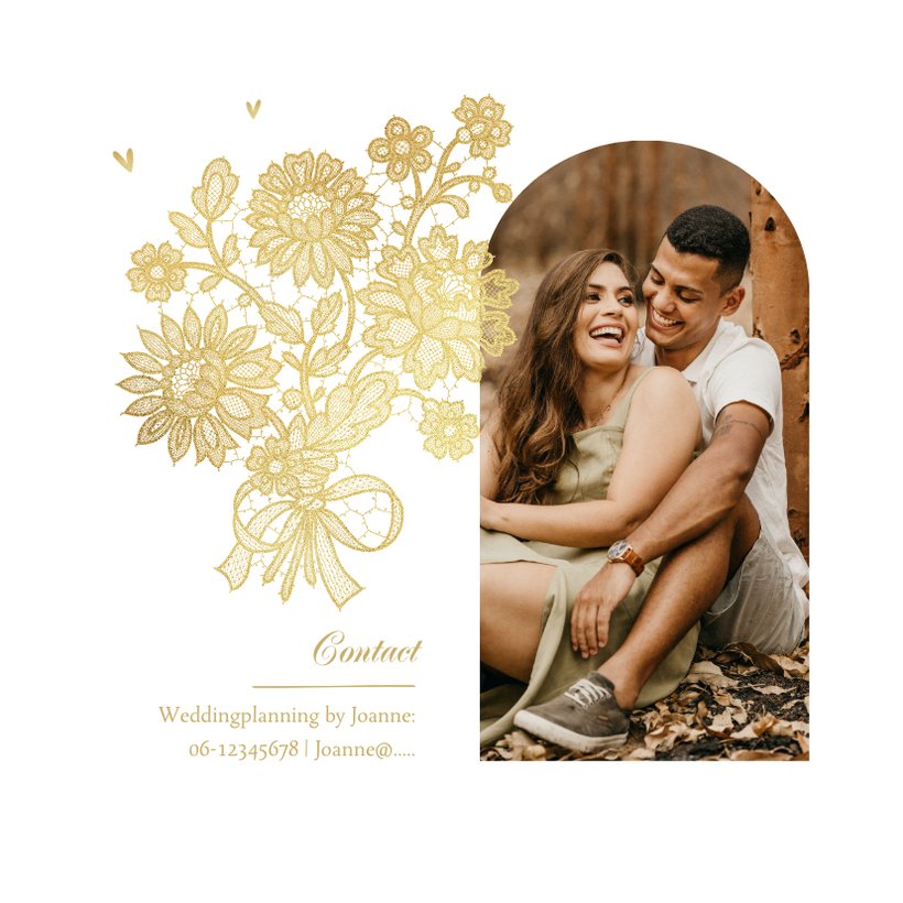 Trouwkaart vintage kant goud bloemen hartjes | Kaartje2go