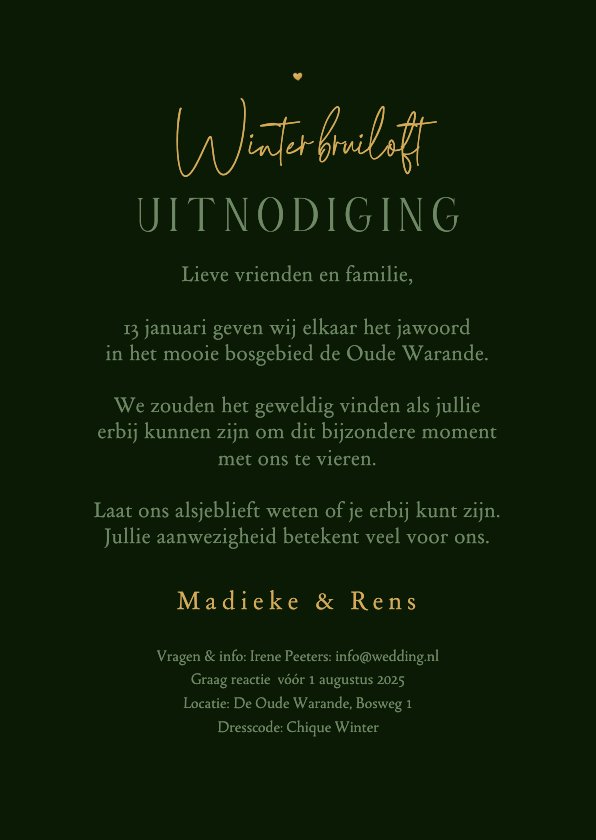 Trouwkaart winter wedding dennenbomen donker | Kaartje2go