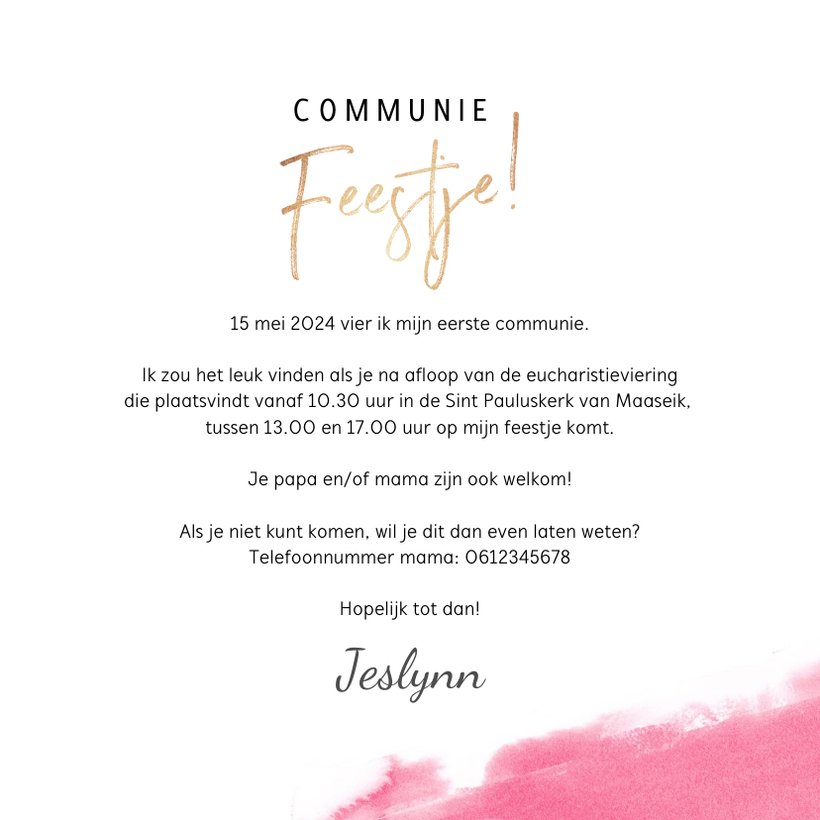 Uitnodiging communie meisje waterverf giraf | Kaartje2go