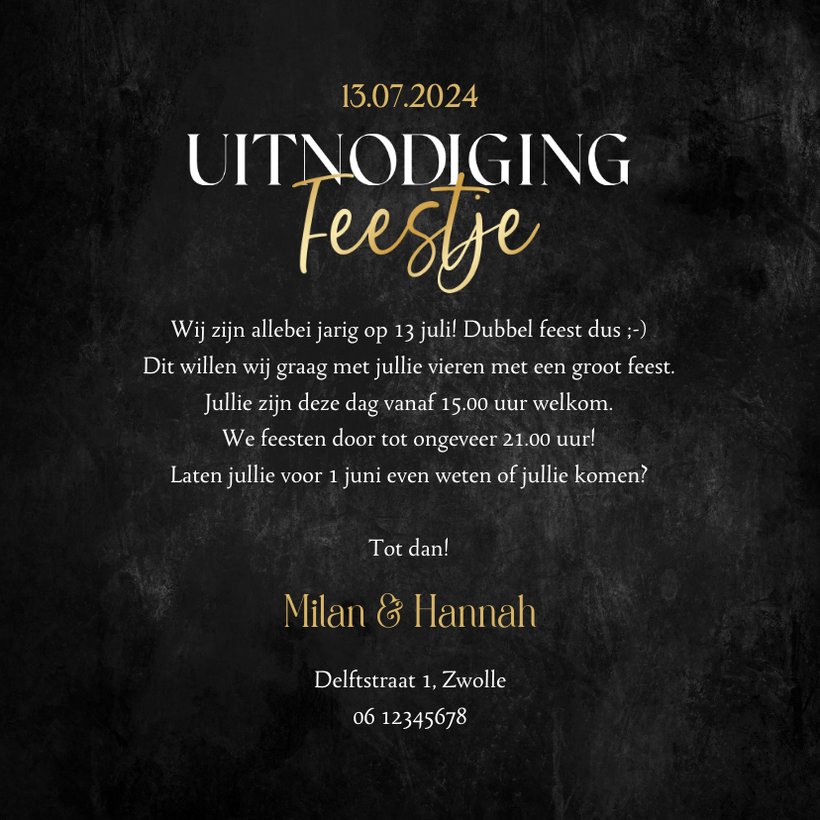 Uitnodiging dubbel feest foto goud confetti | Kaartje2go