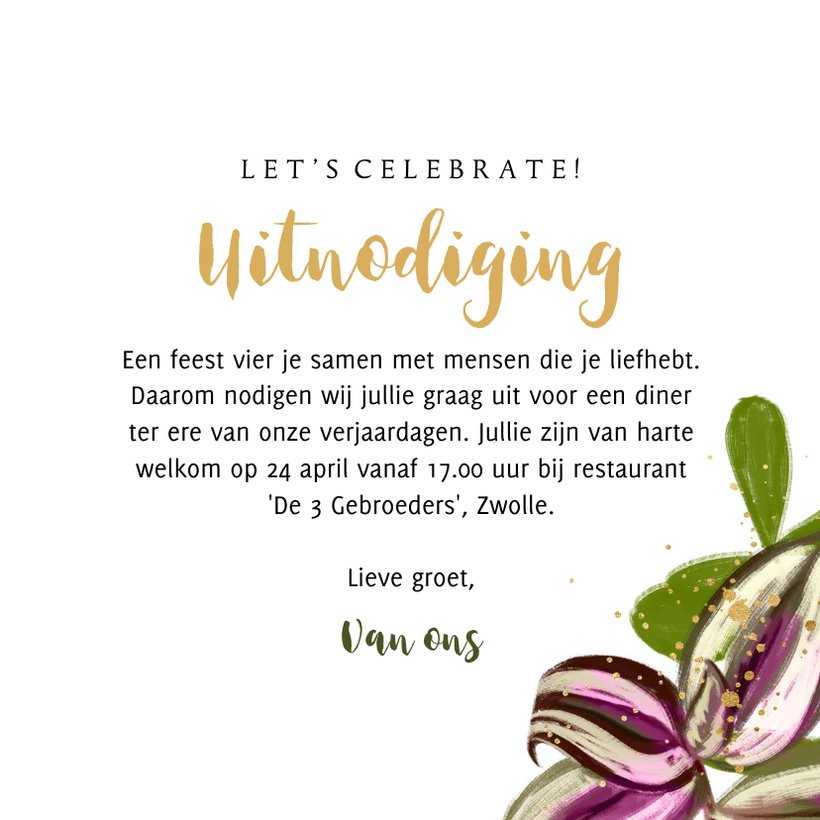 Uitnodiging etentje geschilderde bladeren goud | Kaartje2go