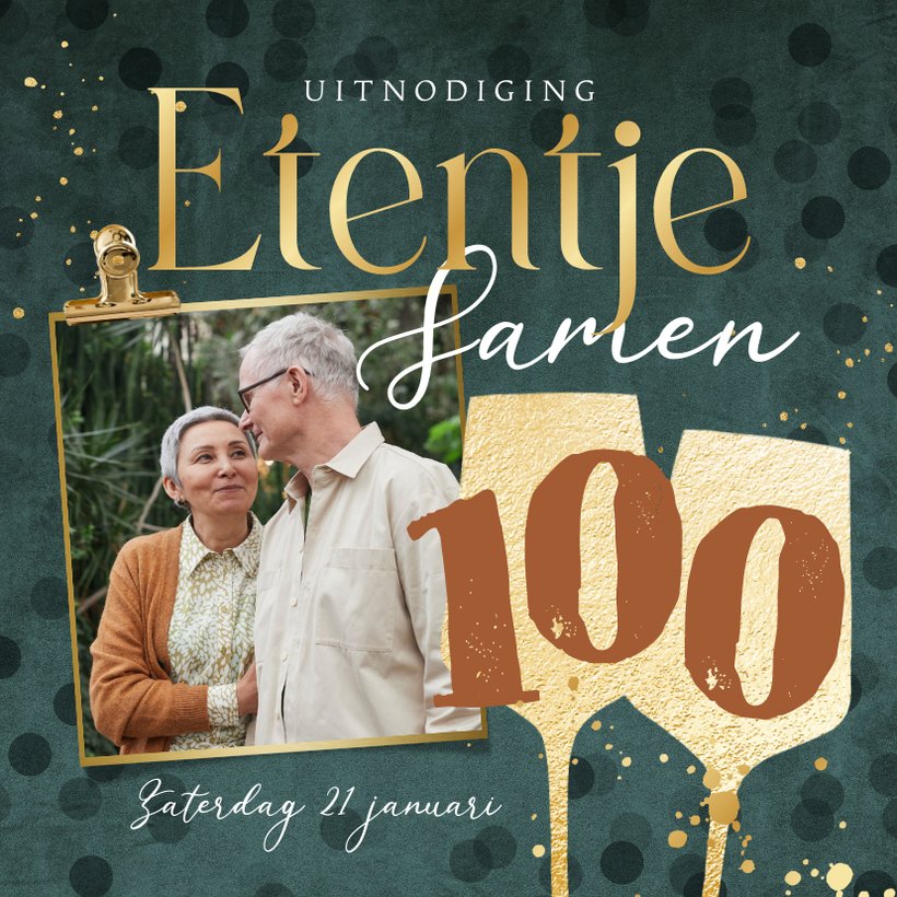 Uitnodiging etentje samen 100 goud wijn | Kaartje2go