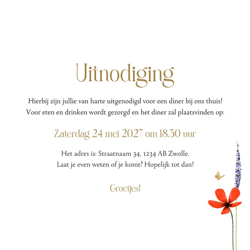 Uitnodiging etentje veldbloemen goud vlinder | Kaartje2go