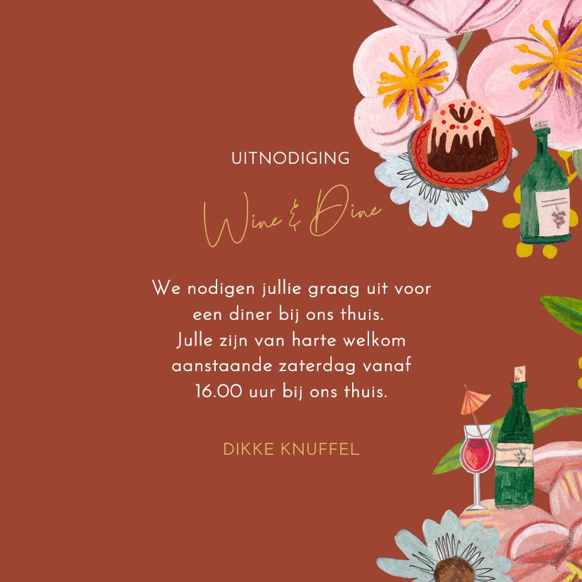 Uitnodiging etentje wine& dine met bloemen | Kaartje2go
