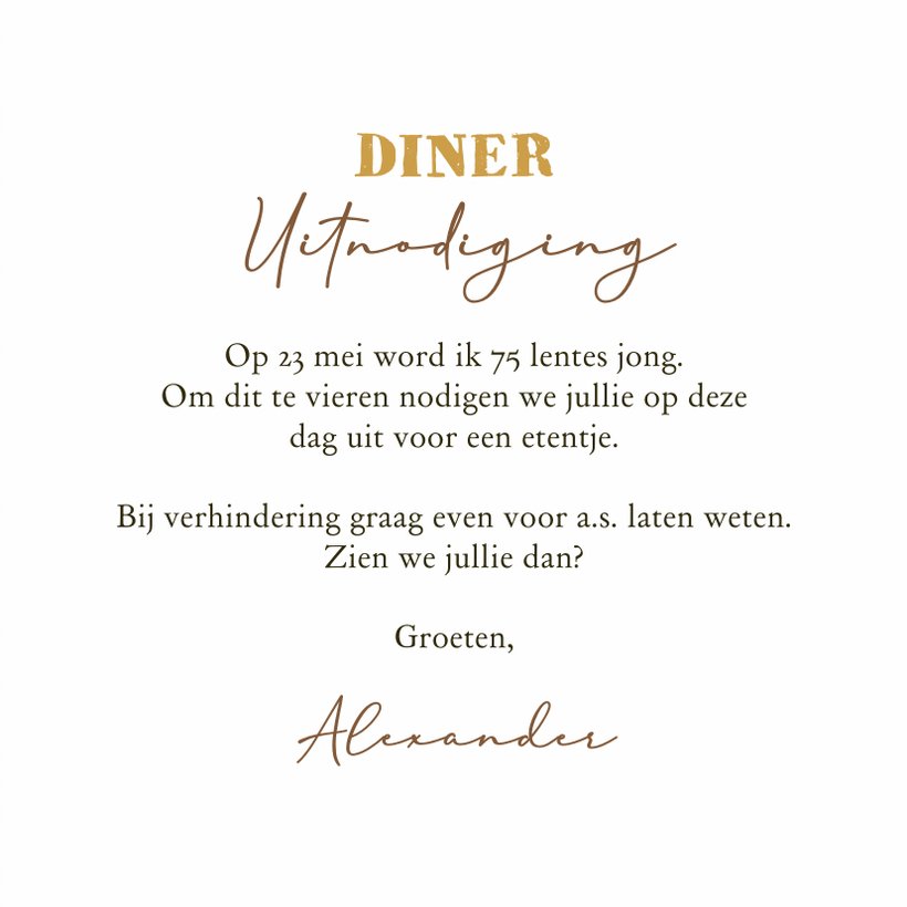 Uitnodiging feestje etentje label hout goud | Kaartje2go