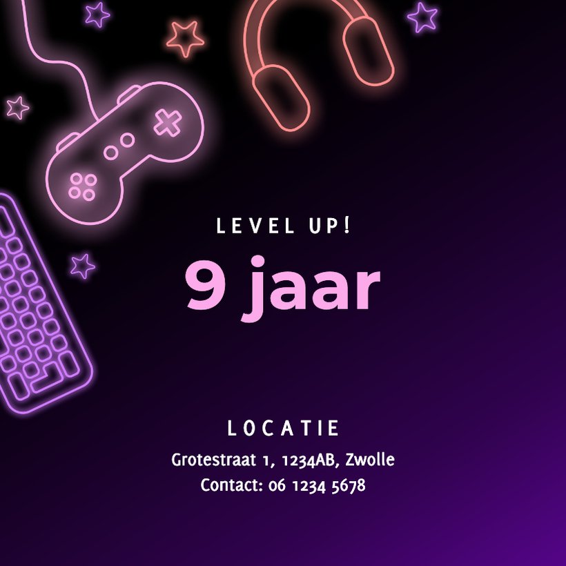 Uitnodiging game feestje met paarse neon meisje | Kaartje2go